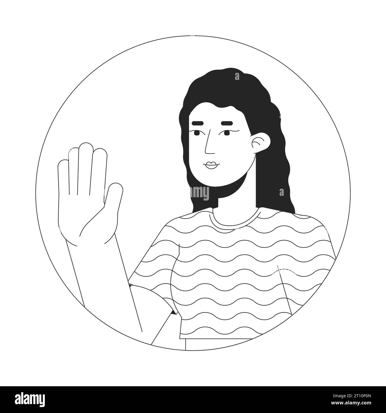 Wavy hair young adult woman hello wave black and white 2D vector avatar ...