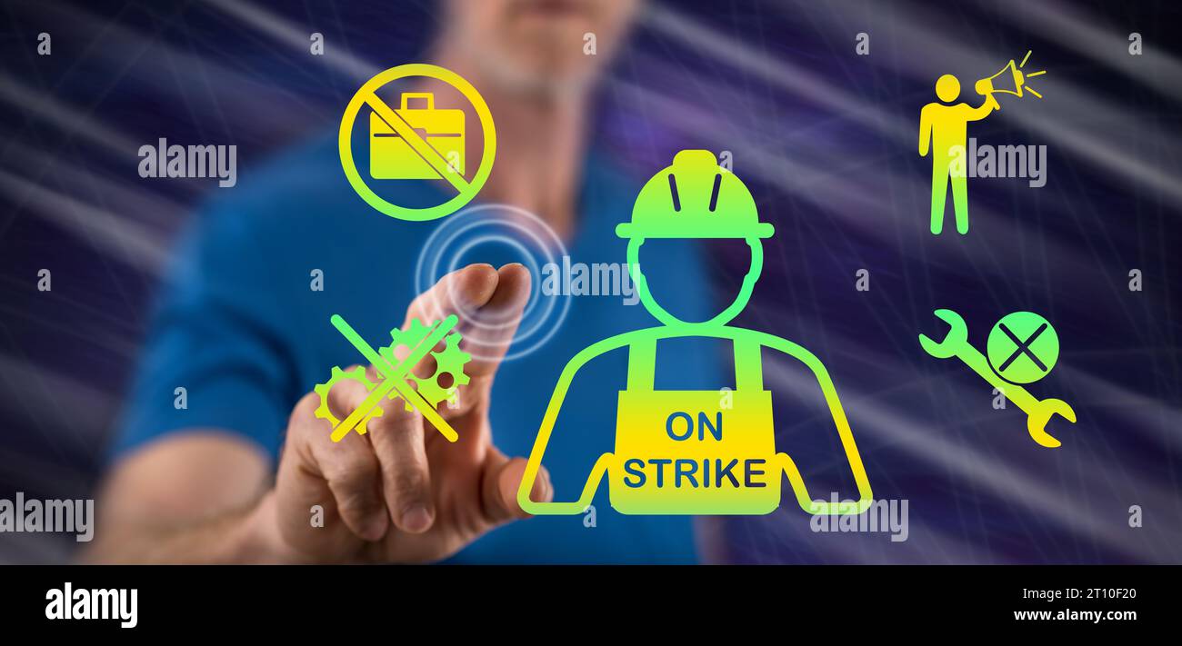 Man touching a strike concept on a touch screen with his finger Stock ...