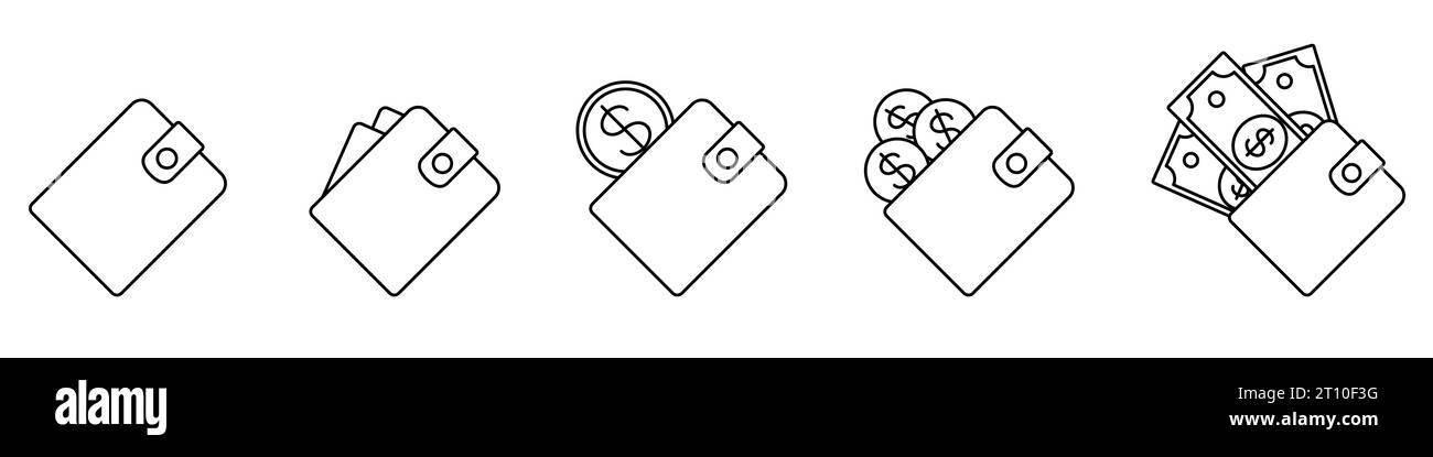 Wallet icon. Set of black linear icons of wallets with money. Wallets logo design. Vector ...