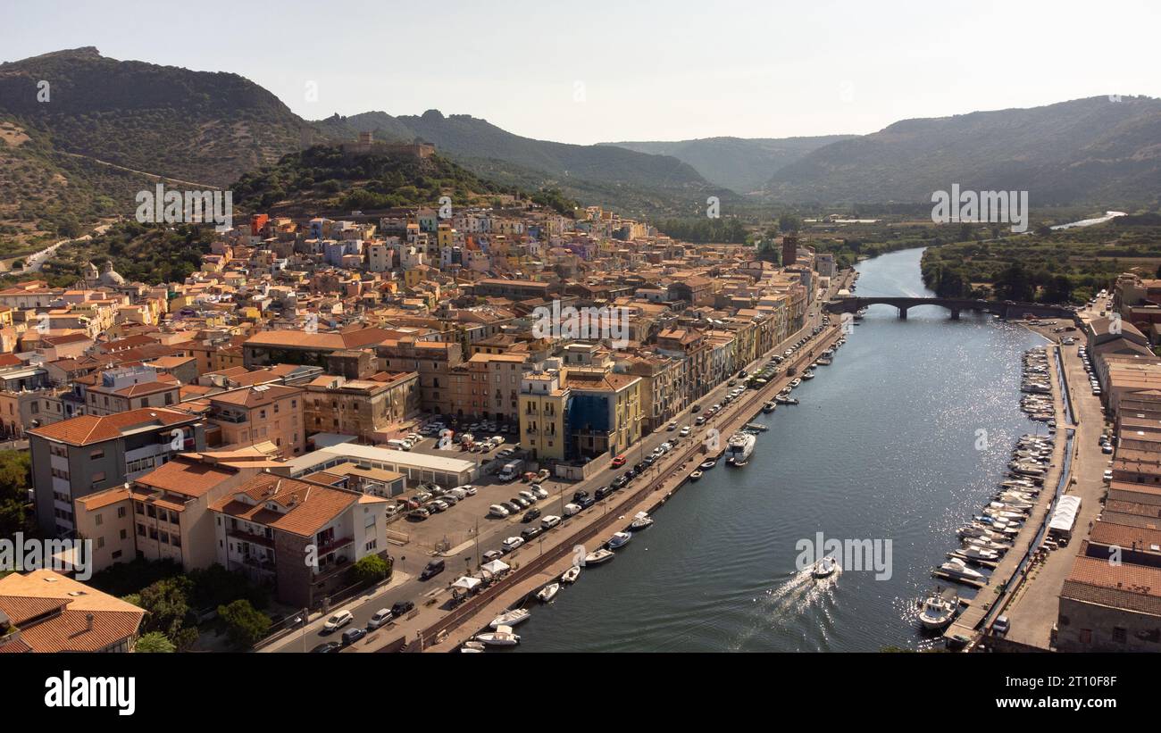 Aerial view of the Temo river as it passes through the town of Bosa, a ...