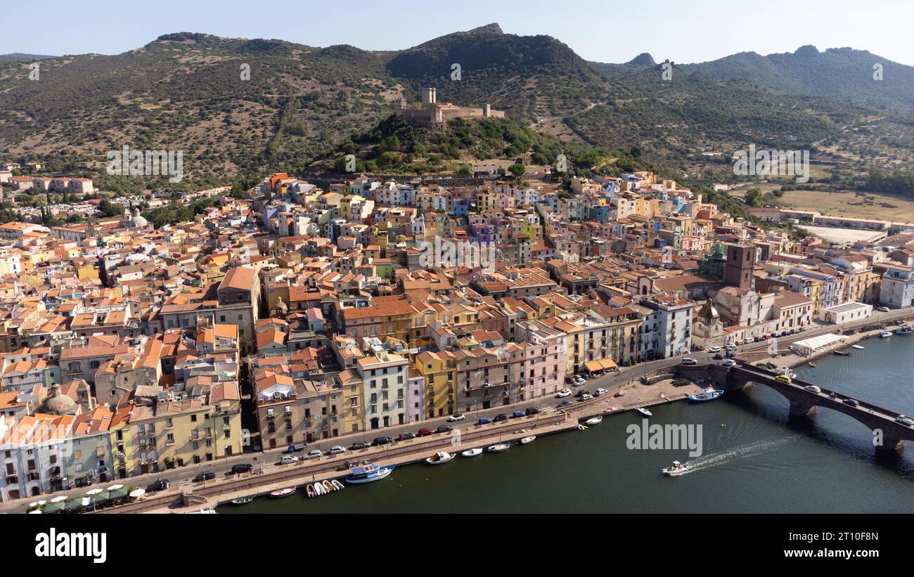 Aerial view of the town of Bosa with Temo river, a tourist destination ...