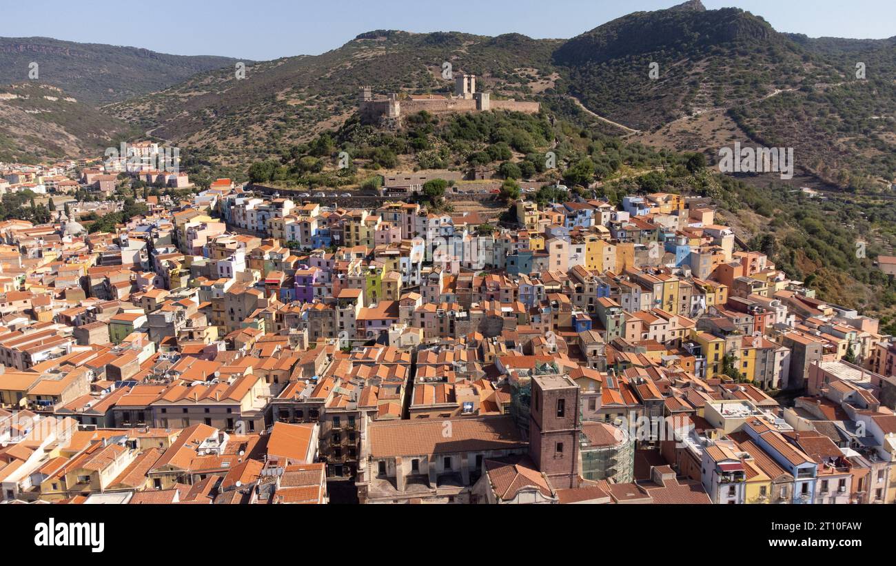 Aerial view of the colorful village of Bosa and its Malaspina castle on ...