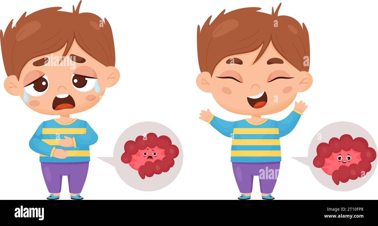 Collection with sick boy suffering from pain in intestines and healthy ...