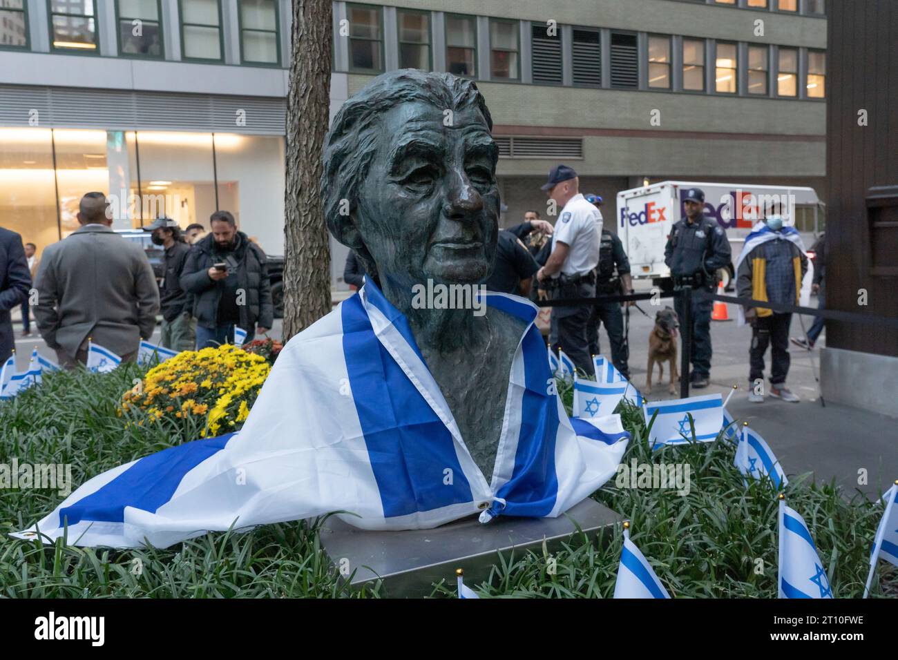 A bronze sculpture of former Israeli prime minister Golda Meir draped ...