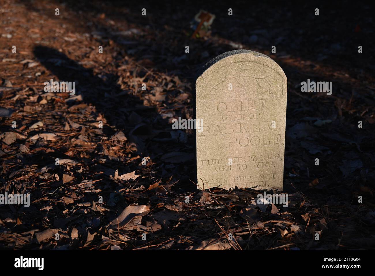 A long shadow is cast from a weathered headstone in the once abandoned ...