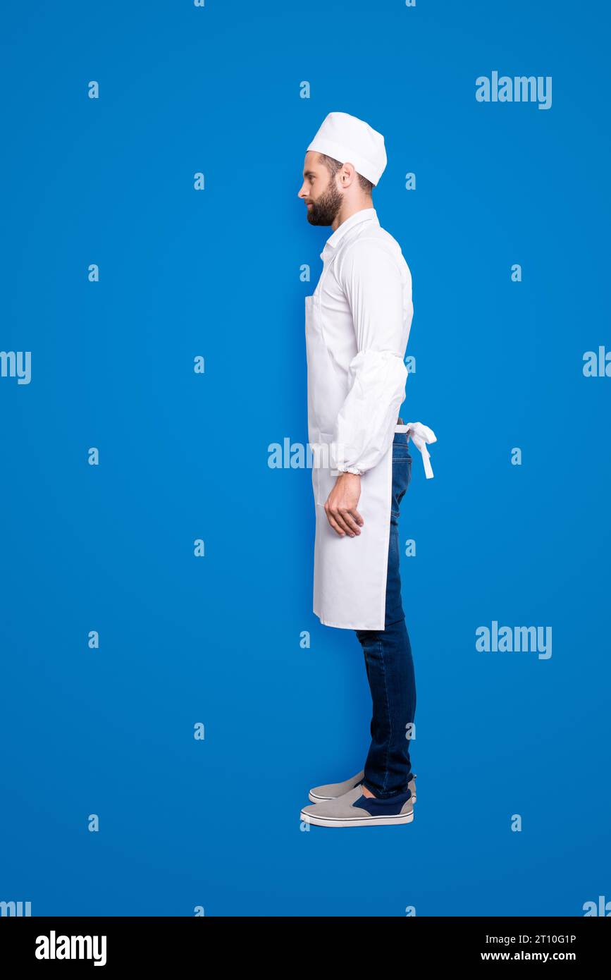 Profile side view snap, full size body portrait of attractive handsome ...