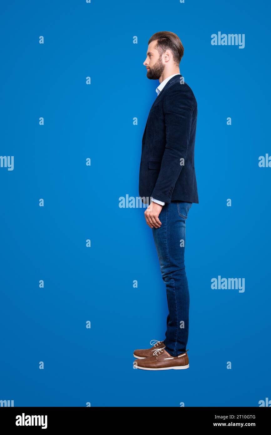 Full size fullbody snap, half face profile portrait of stylish handsome ...