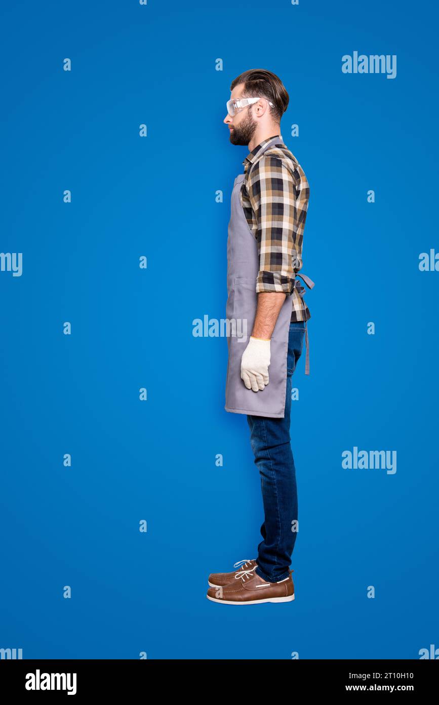 Full size body snap, half face side view portrait of attractive calm ...