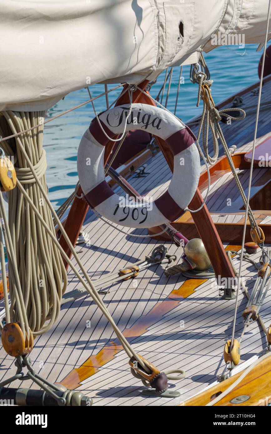 Nautical details on boat deck on sailboat Tuiga, flagship of the Monaco ...