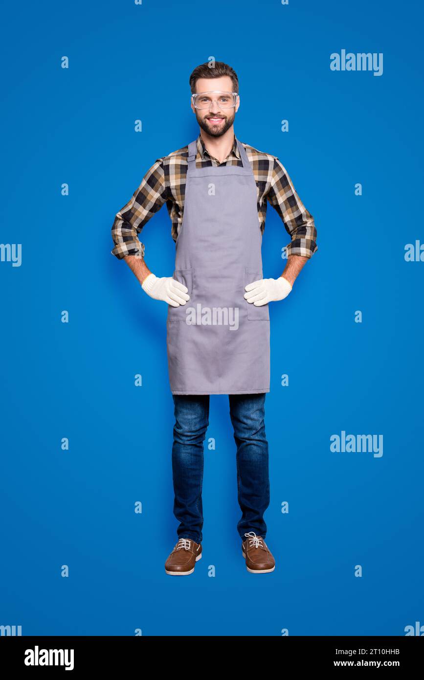 Full size body portrait of attractive cheerful carpenter with hairstyle ...