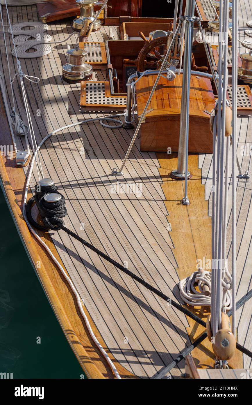 Nautical details on boat deck with ropes and marine tools Stock Photo ...