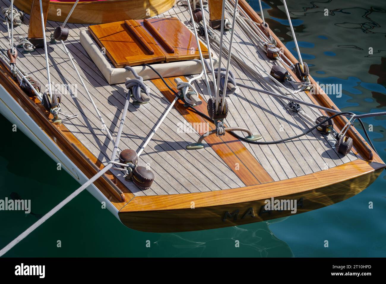 Nautical details on boat deck with ropes and marine tools Stock Photo ...