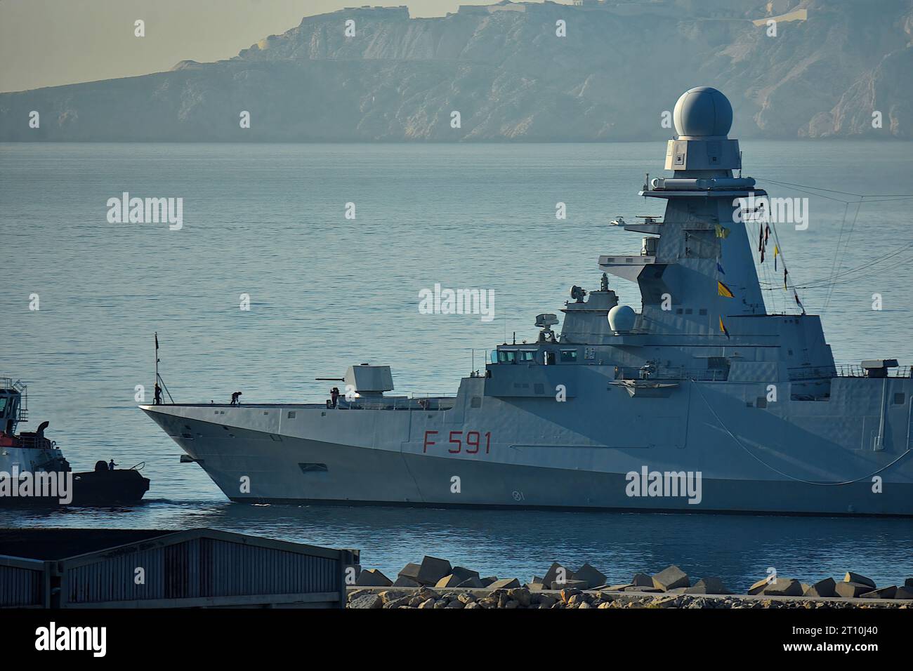 Marseille, France. 09th Oct, 2023. The Italian guided-missile frigate Virginio Fasan F591 ...