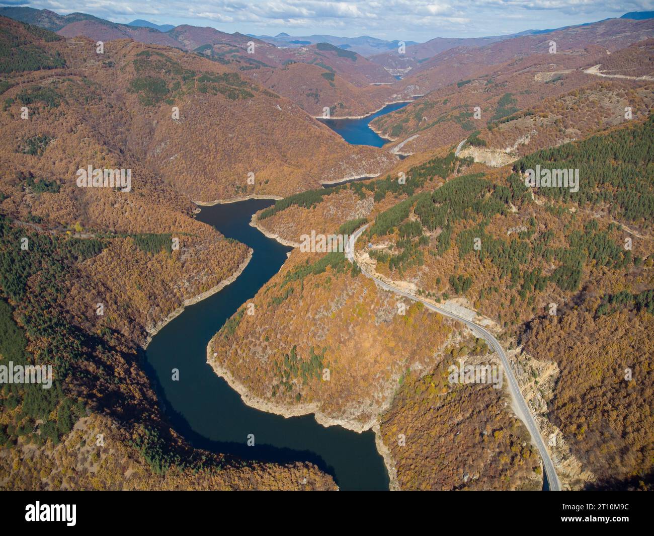 Aerial panoramic top view of Vacha Reservoir located in Bulgaria near ...