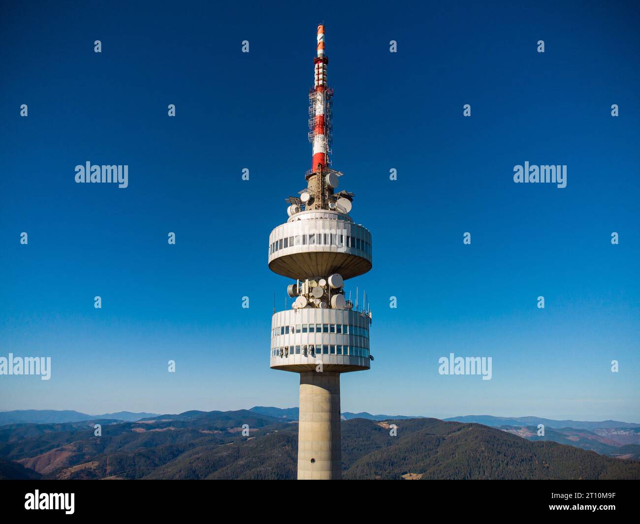 Aerial top view of telecommunications tower at Snezhanka peak near ...