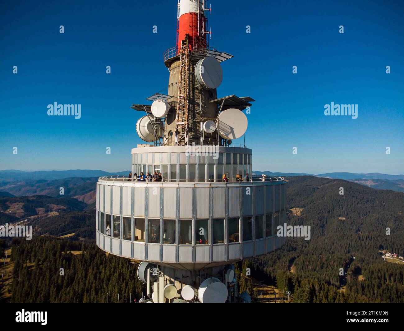 Aerial top view of telecommunications tower at Snezhanka peak near ...