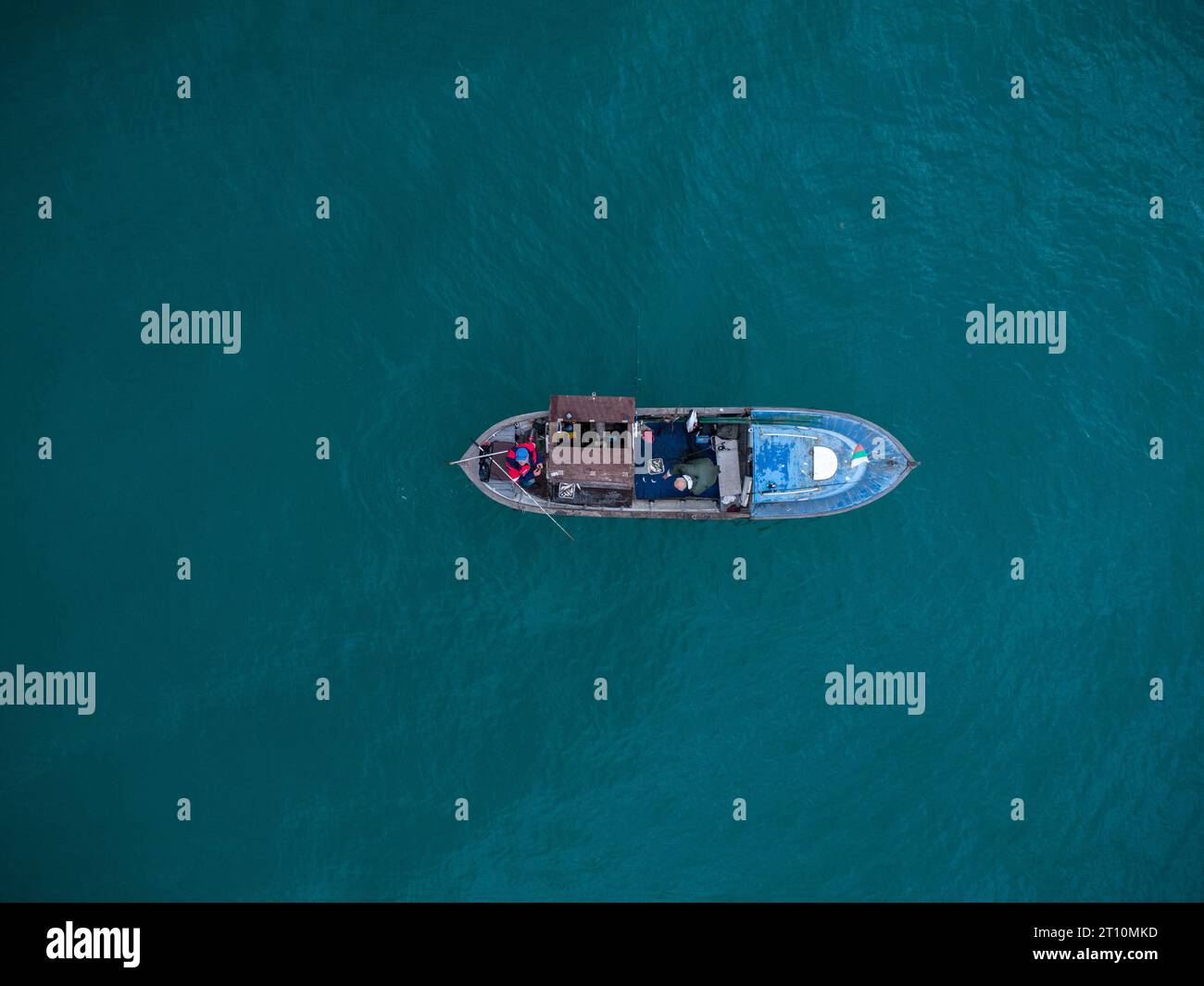 Aerial top view of the fishing boat in the sea Stock Photo - Alamy