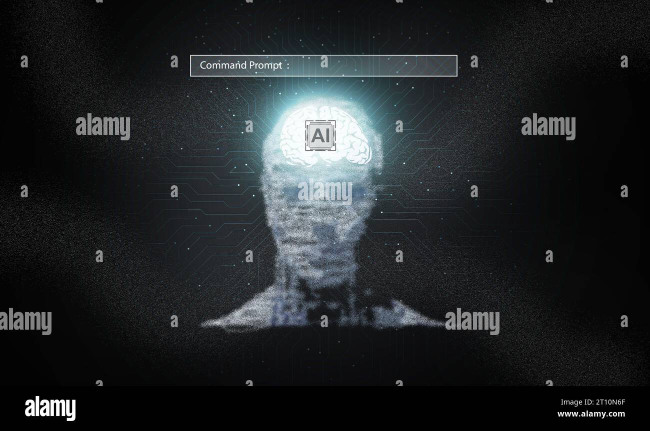 Ai technology. Glowing particles form a virtual graphic shape of human ...
