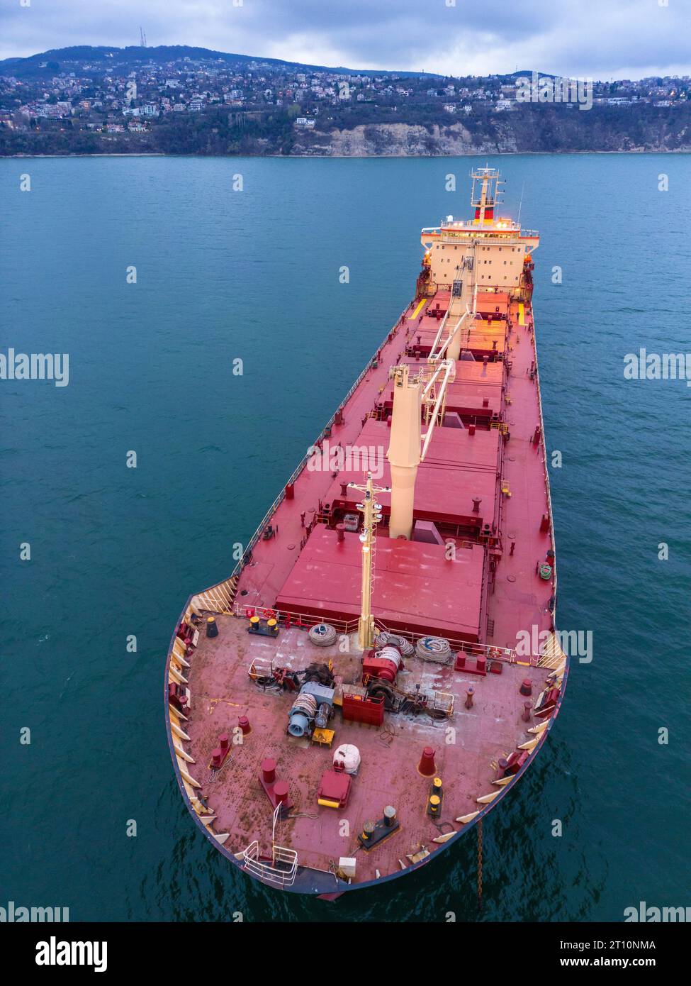 aerial view of a bulk carrier at evening showcases a stunning display ...