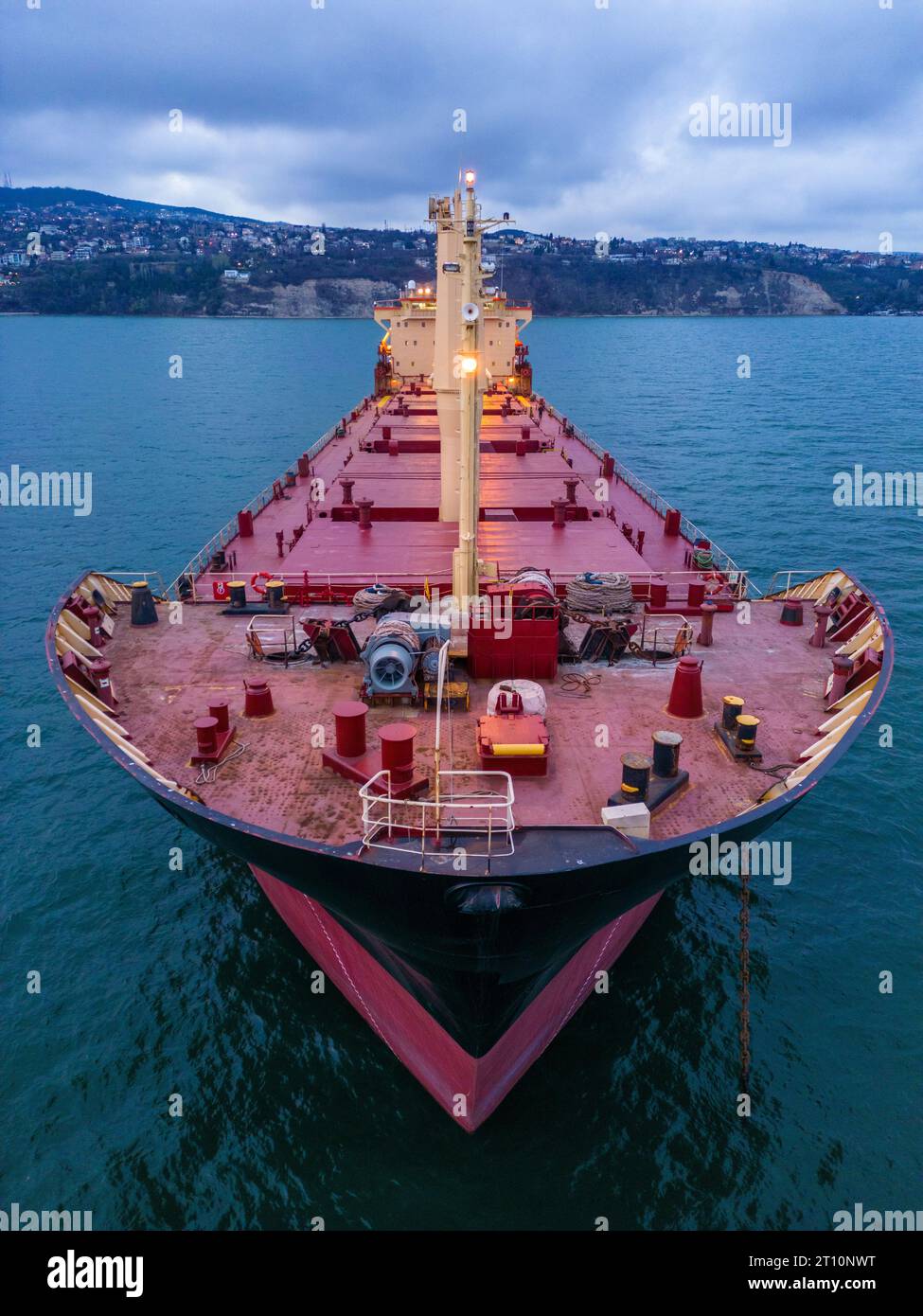 aerial view of a bulk carrier at evening showcases a stunning display ...