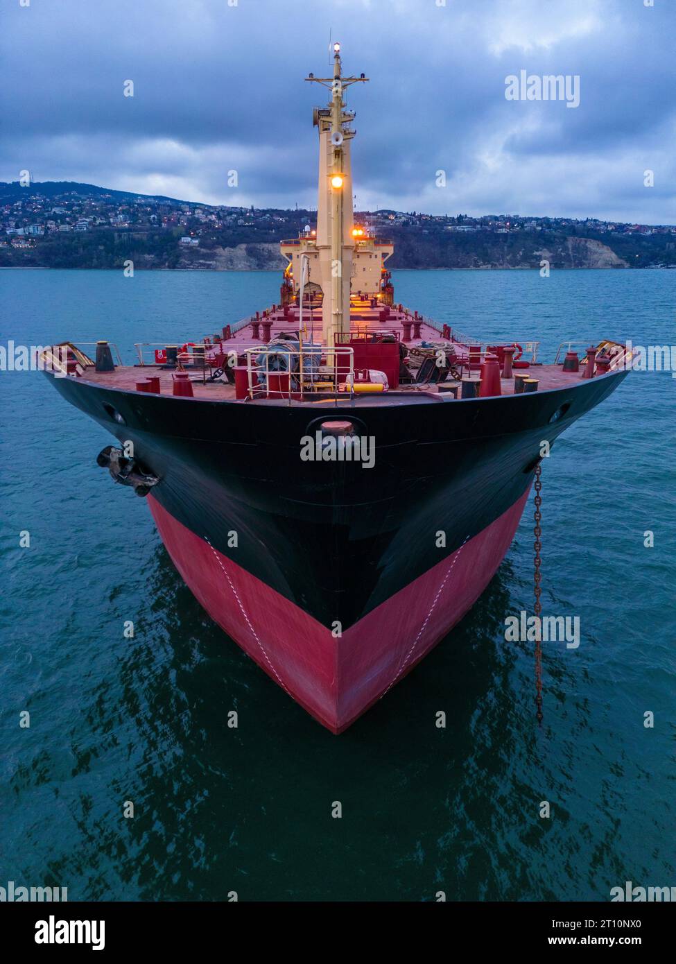 aerial view of a bulk carrier at evening showcases a stunning display ...