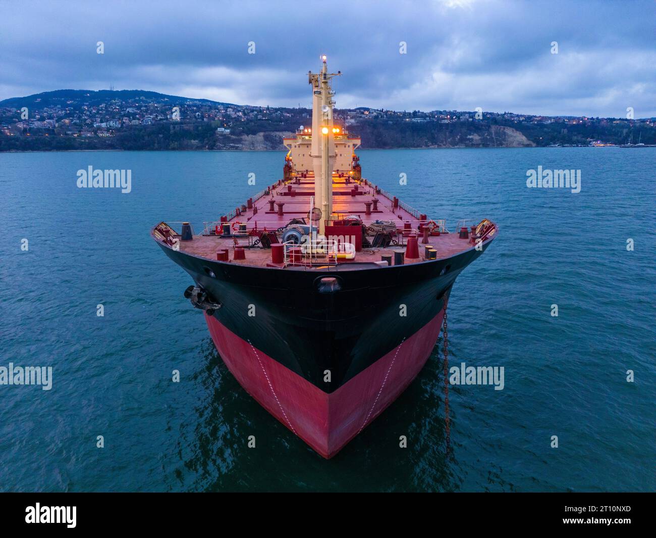 aerial view of a bulk carrier at evening showcases a stunning display ...