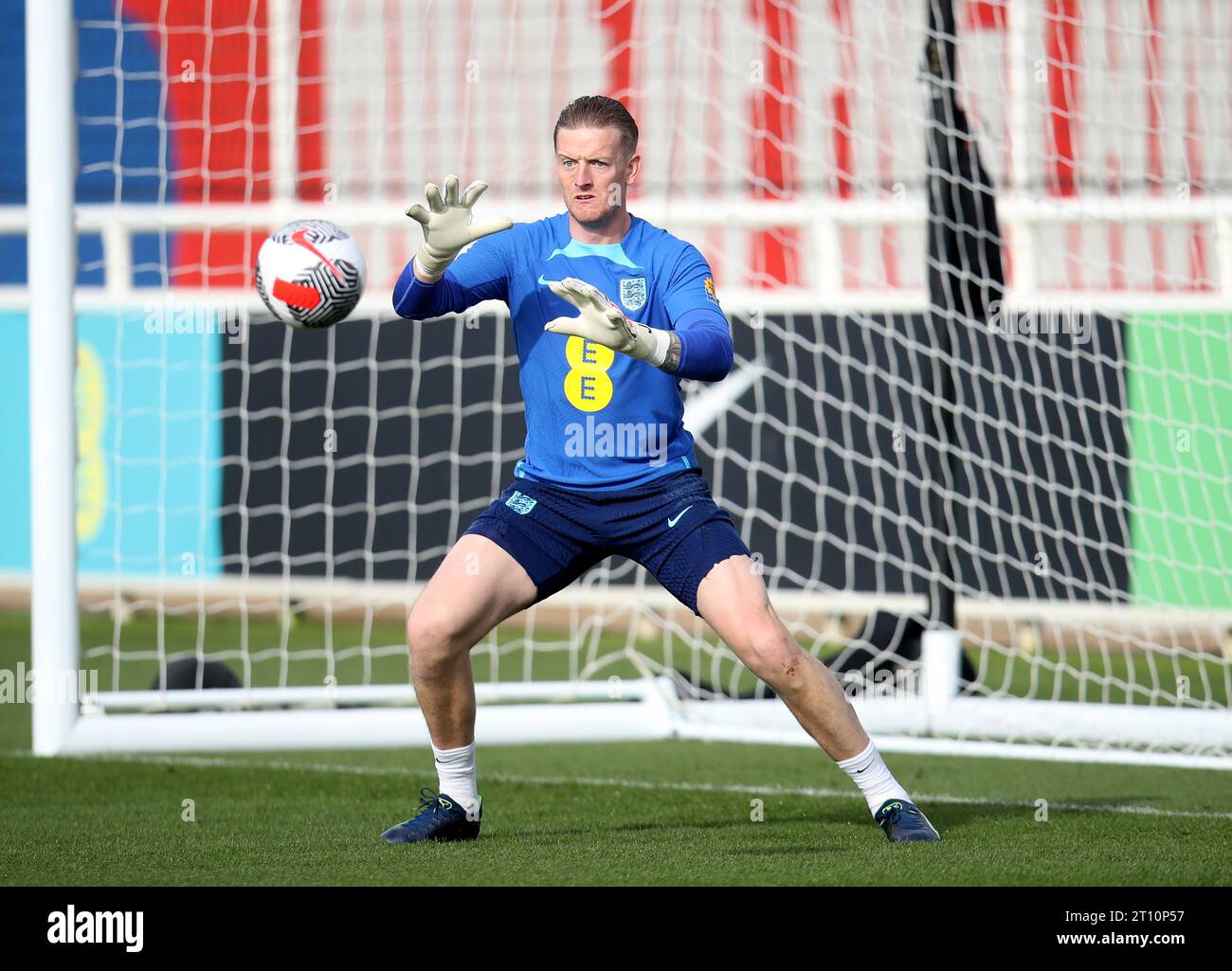 England goalkeeper Jordan Pickford during a training session at St ...