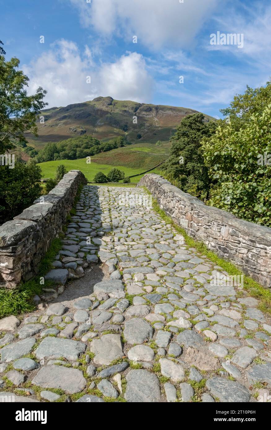 New Bridge across River Derwent on the Cumbria Way in summer Rosthwaite ...