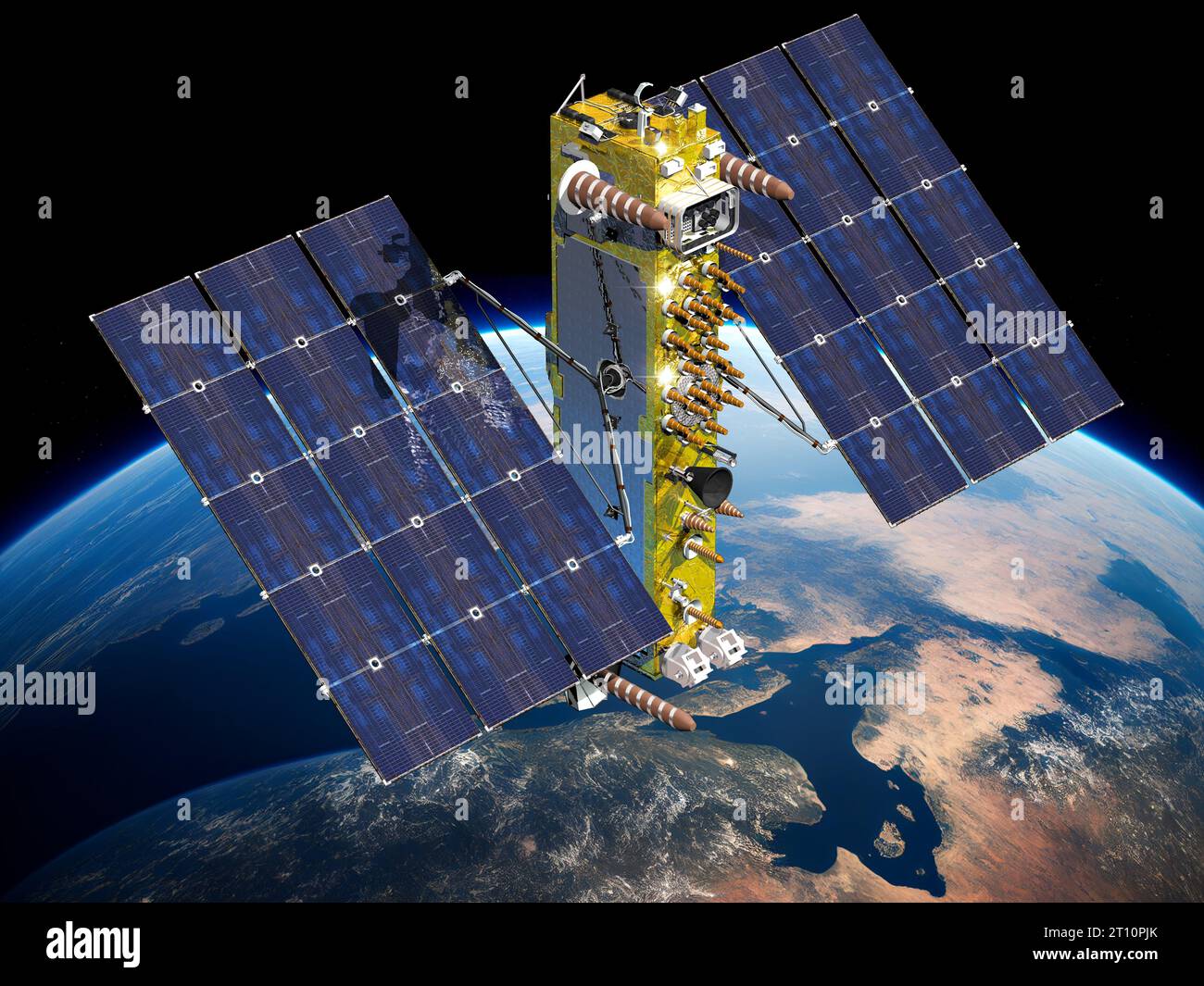 Modern navigation satellite satellite at the Earth orbit. 3d rendering ...