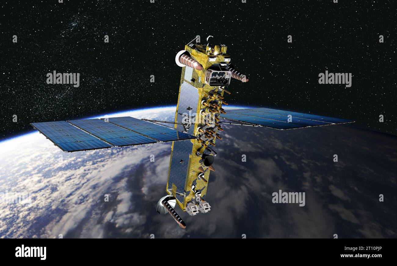 Modern navigation satellite satellite at the Earth orbit. 3d rendering ...
