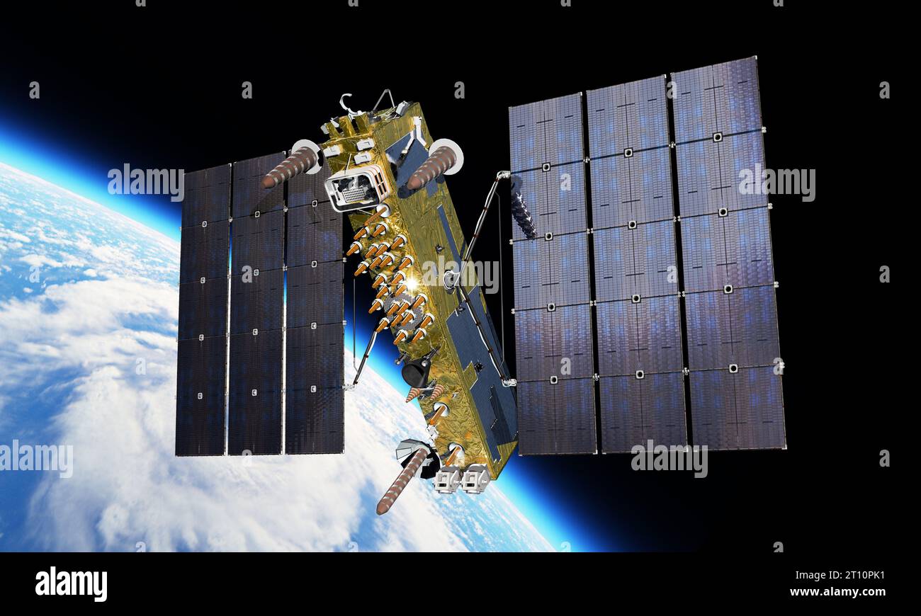 Modern navigation satellite satellite at the Earth orbit. 3d rendering ...