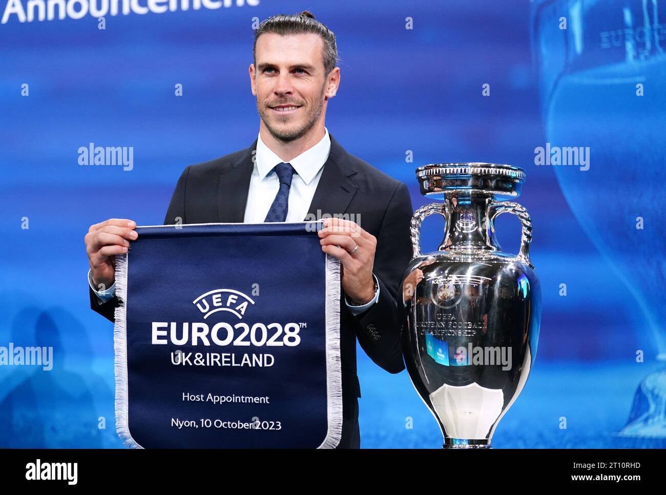 Wales delegate Gareth Bale stands next the the European Championship ...
