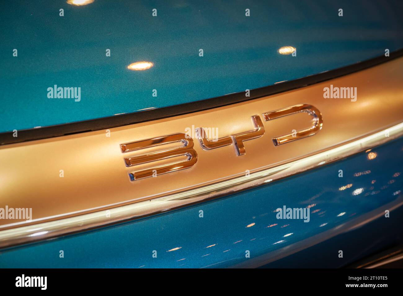 BYD electric car logo emblem close up Stock Photo - Alamy