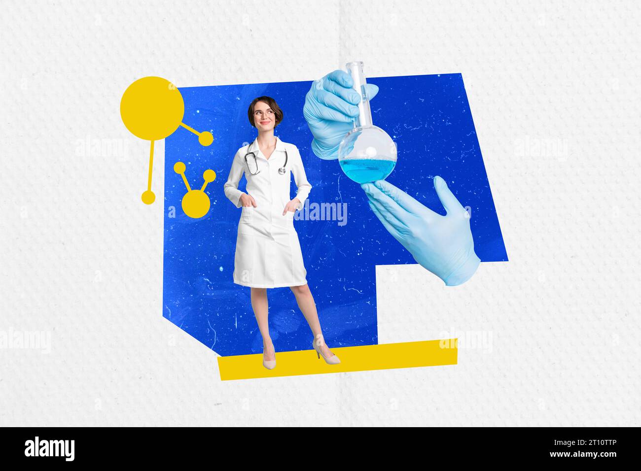 Composite collage image of young female doctor hands hold chemicals ...
