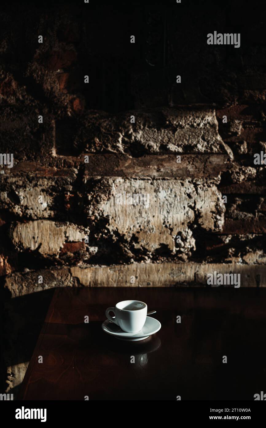 A cup of coffee in a vintage rustic coffee shop. Minimalism. Concept ...