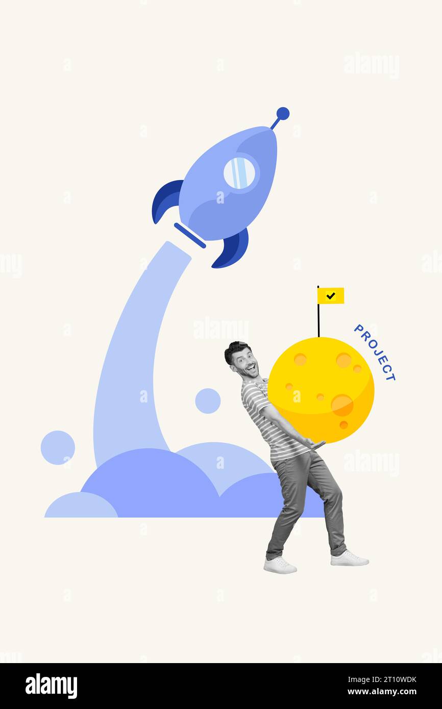 Creative trend collage of excited businessman carry moon project career ...