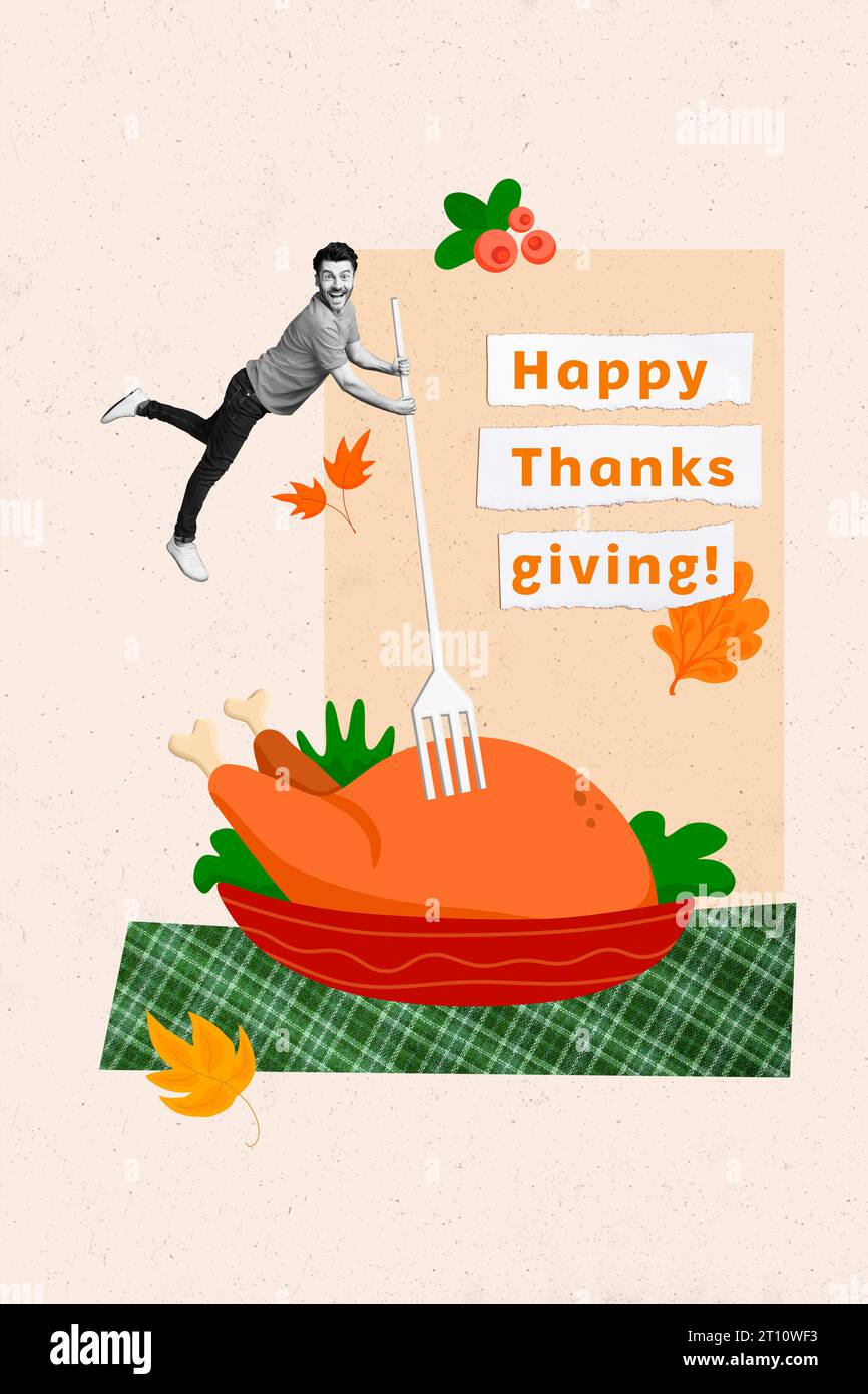 Greeting picture collage of funky cool guy eating baked turkey fried ...