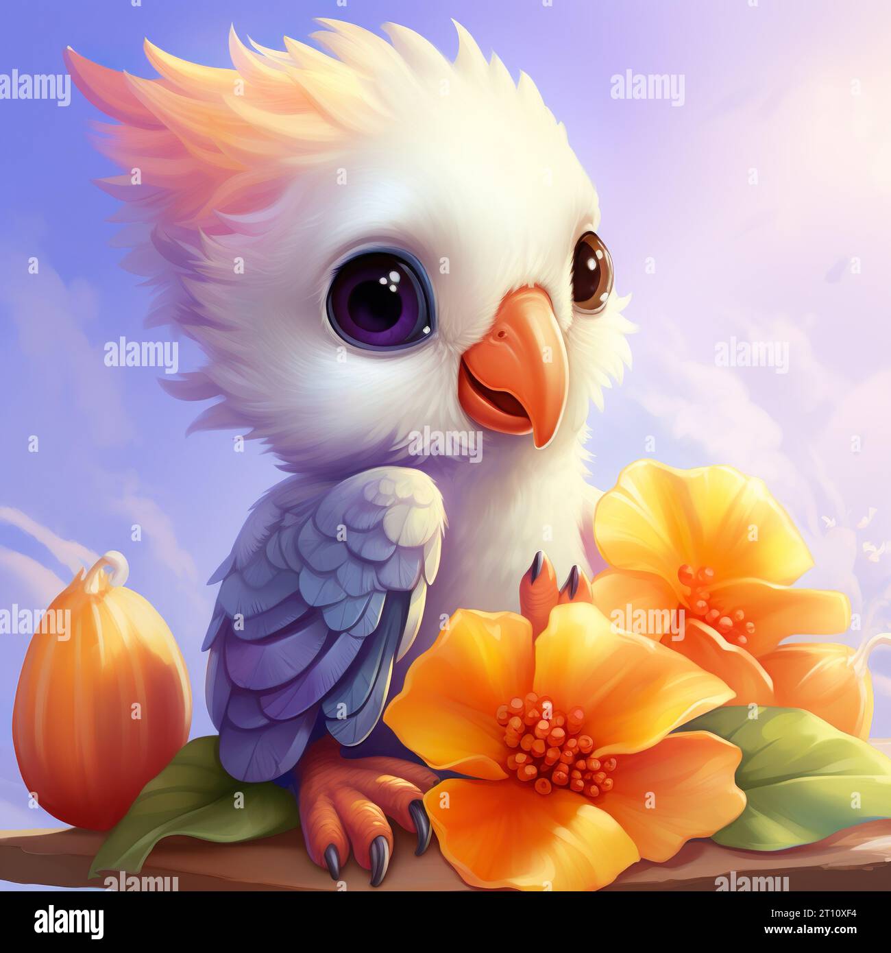 A cute baby bird stares curiously into the camera, its bright, round ...