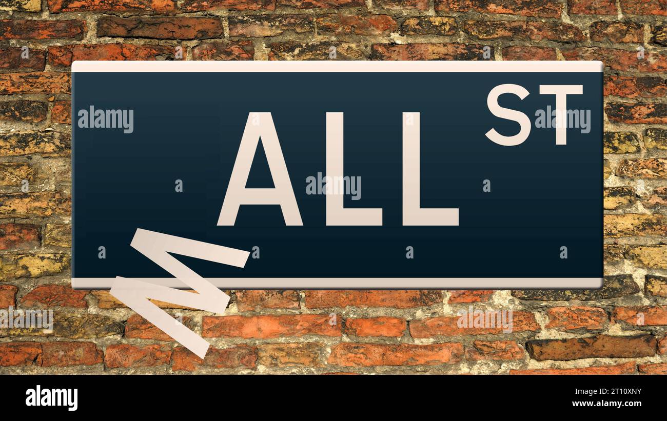 Wall Street Sign with the letter W falling off to change the name to ...