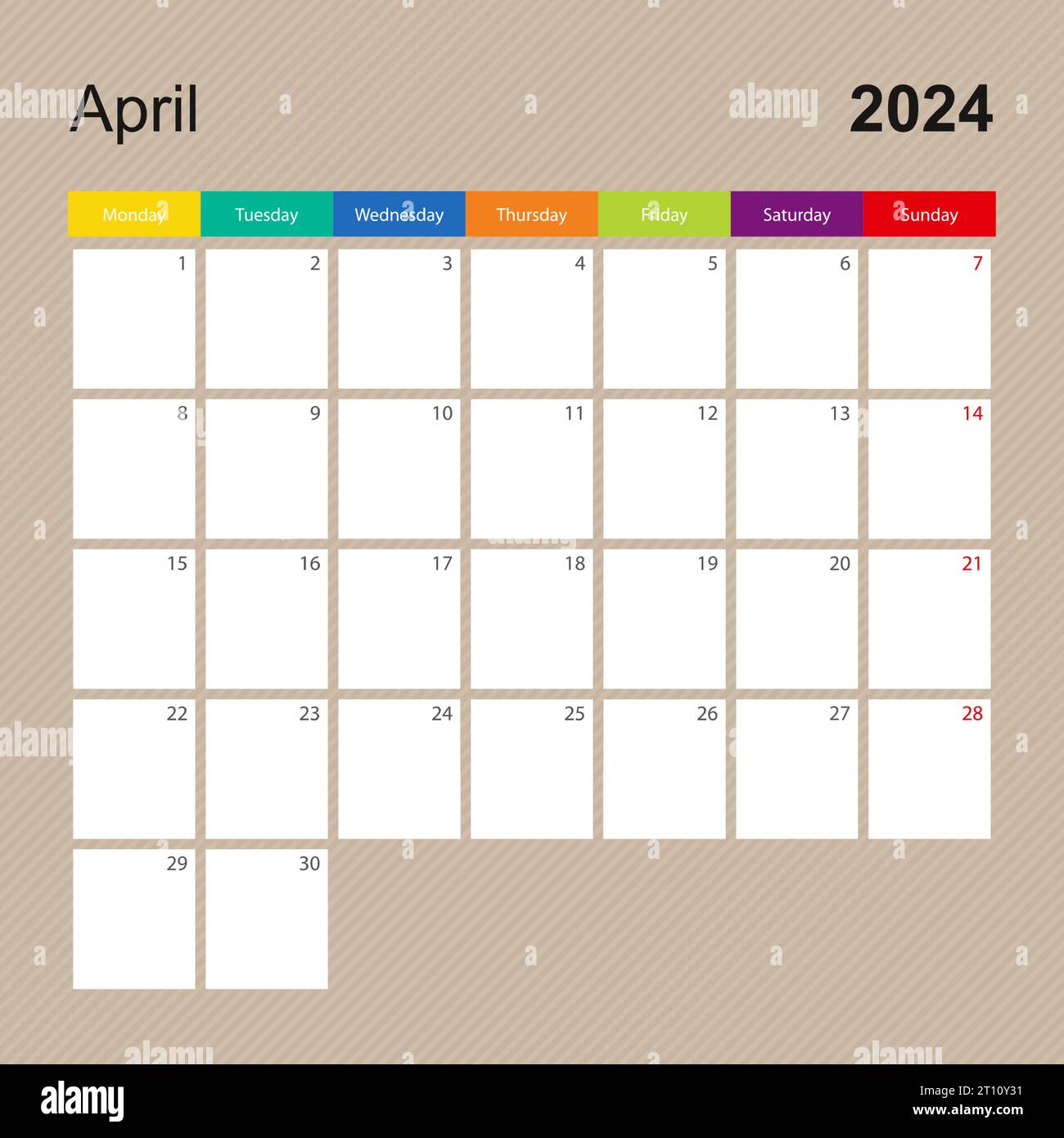 Calendar page for April 2024, wall planner with colorful design. Week ...
