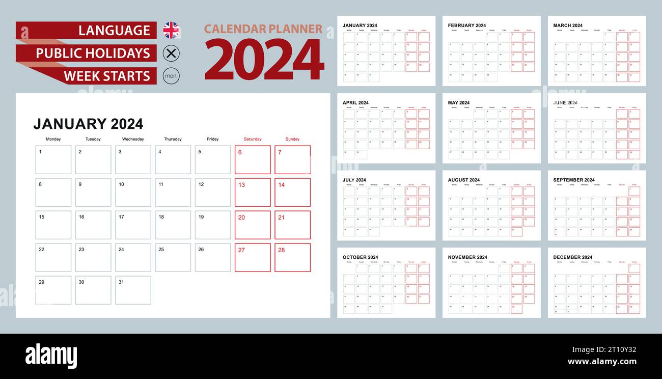 Wall calendar planner 2024 in English, week starts in Monday. Vector ...