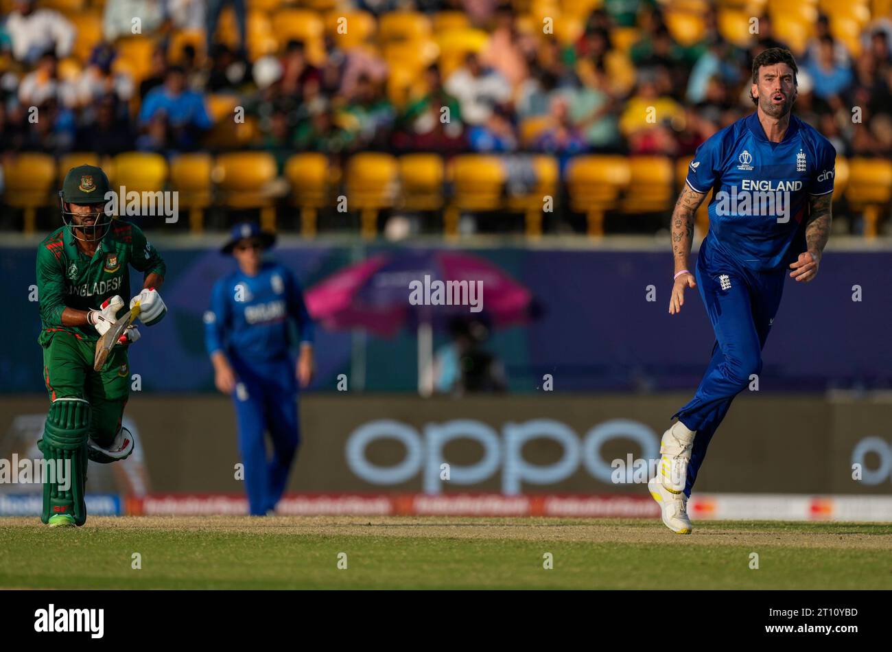 England's Reece Topley bowls during the ICC Men's Cricket World Cup ...