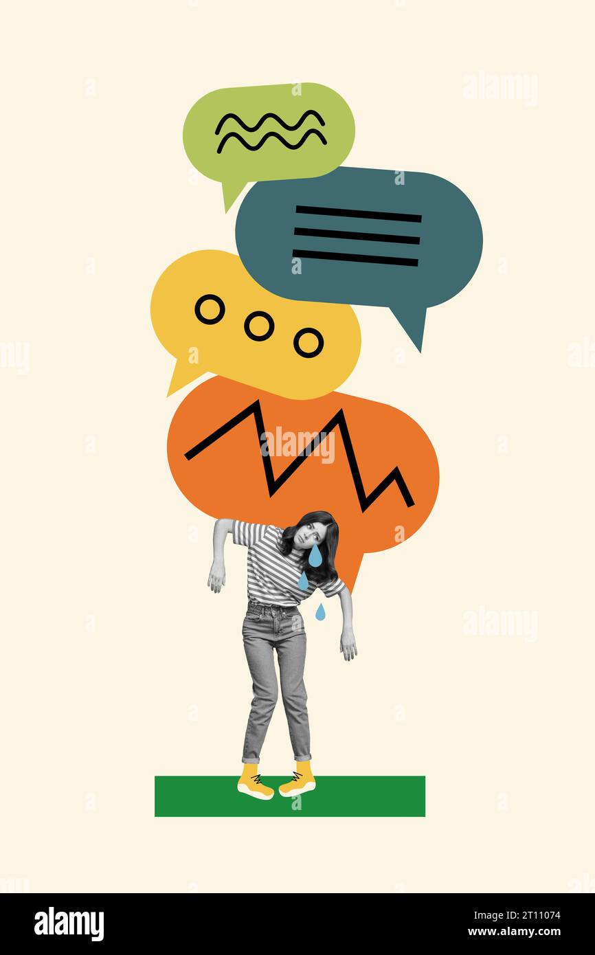 Collage 3d image of pinup pop retro sketch of sad burden message ...