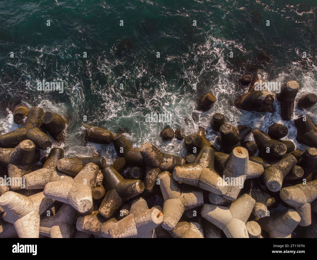 Aerial drone top view of a breakwater. breakwater in the sea, a ...
