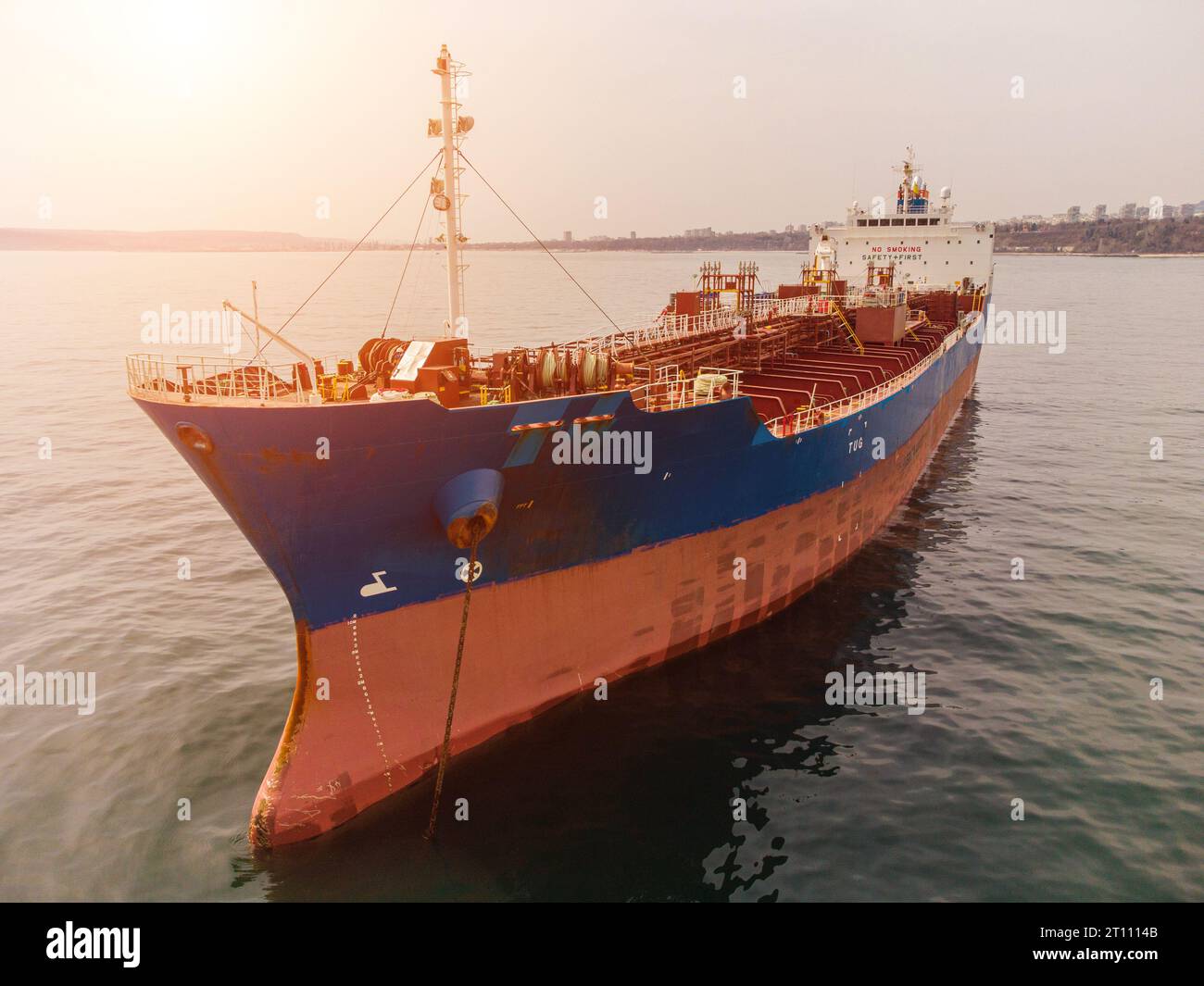 Large general cargo ship tanker bulk carrier, Top down aerial view at ...