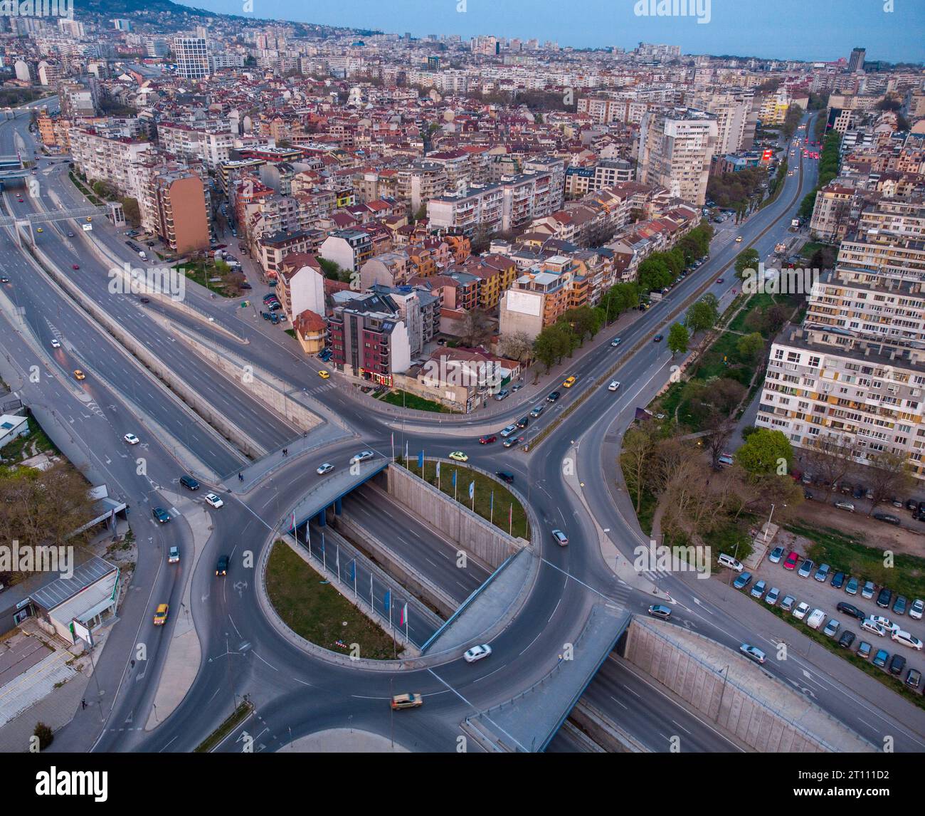Aerial top view from a drone to a road junction in the Varna city Stock ...