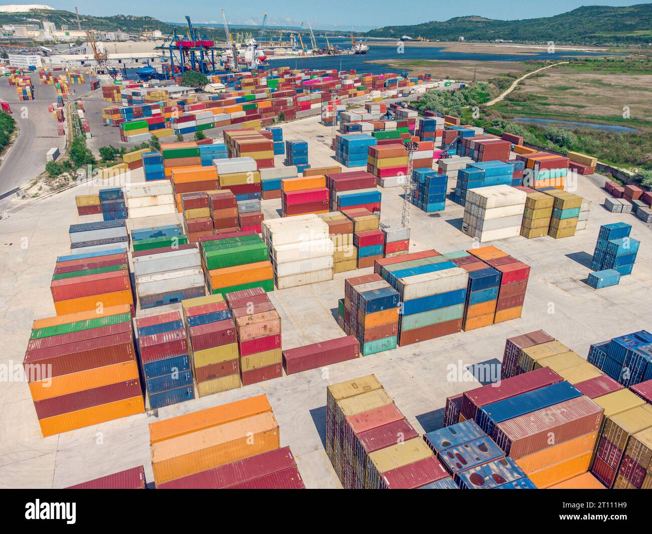 Aerial top view of Container terminal freight port, international ...