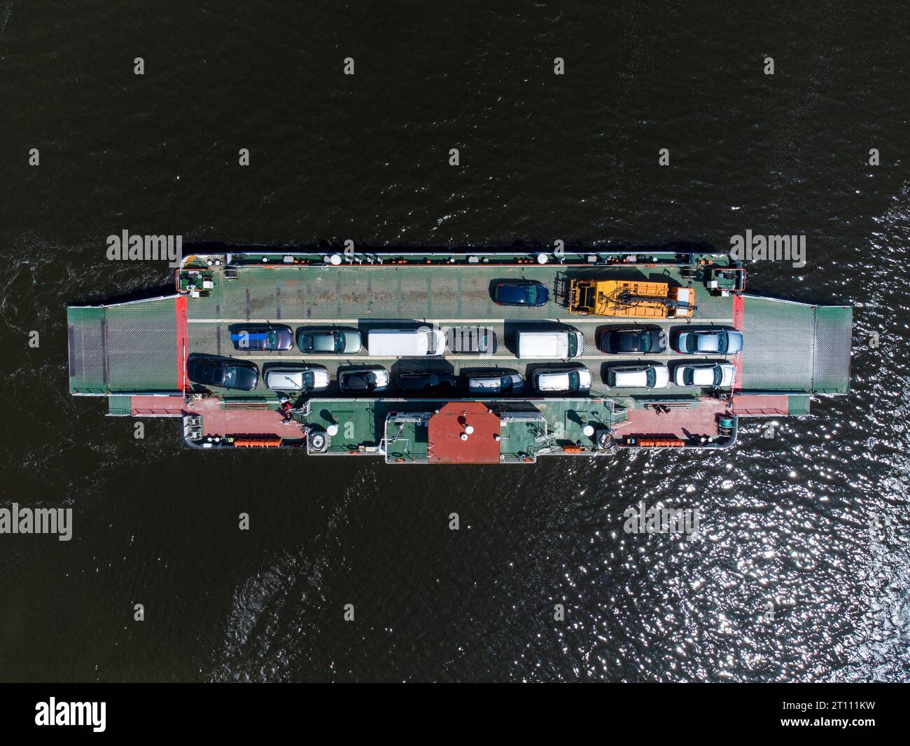 Aerial top view of Ferry boat transport cars in the river. Beloslav ...
