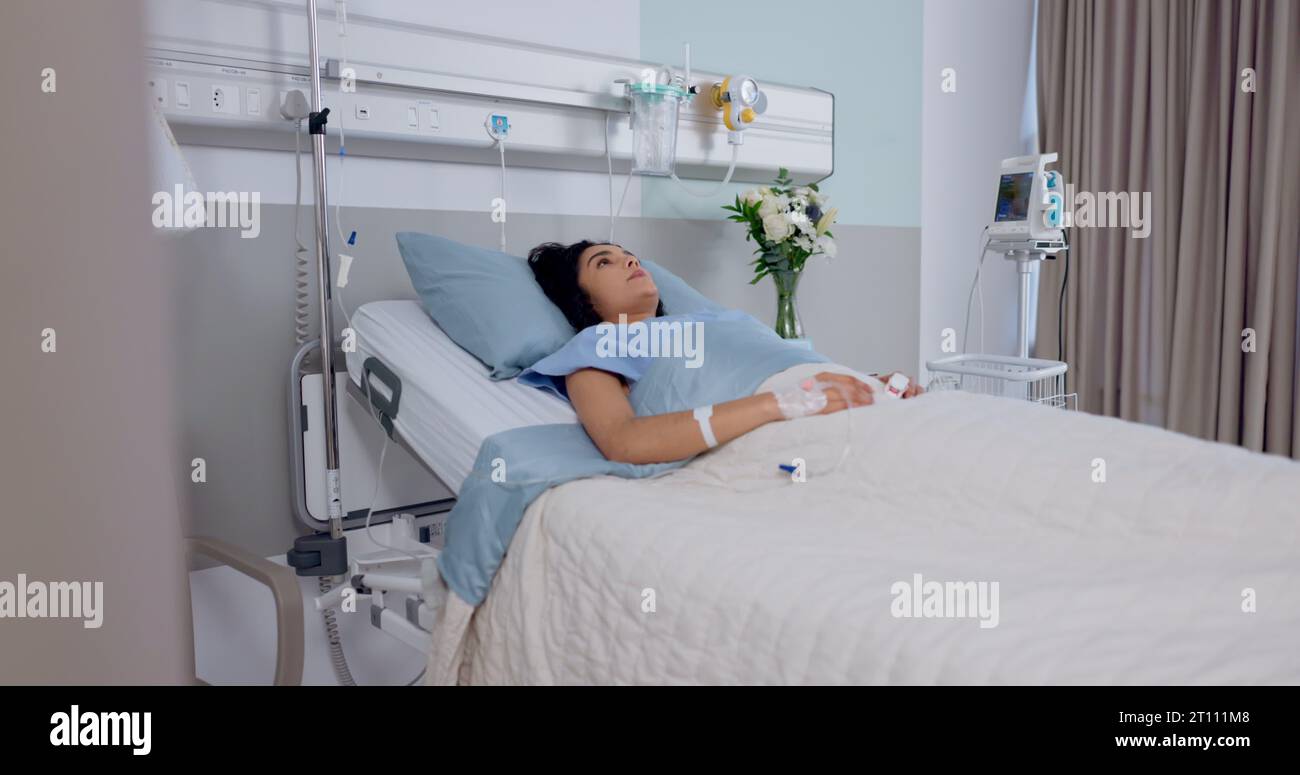 Thinking, hospital bed and woman with stress, medical support and ...