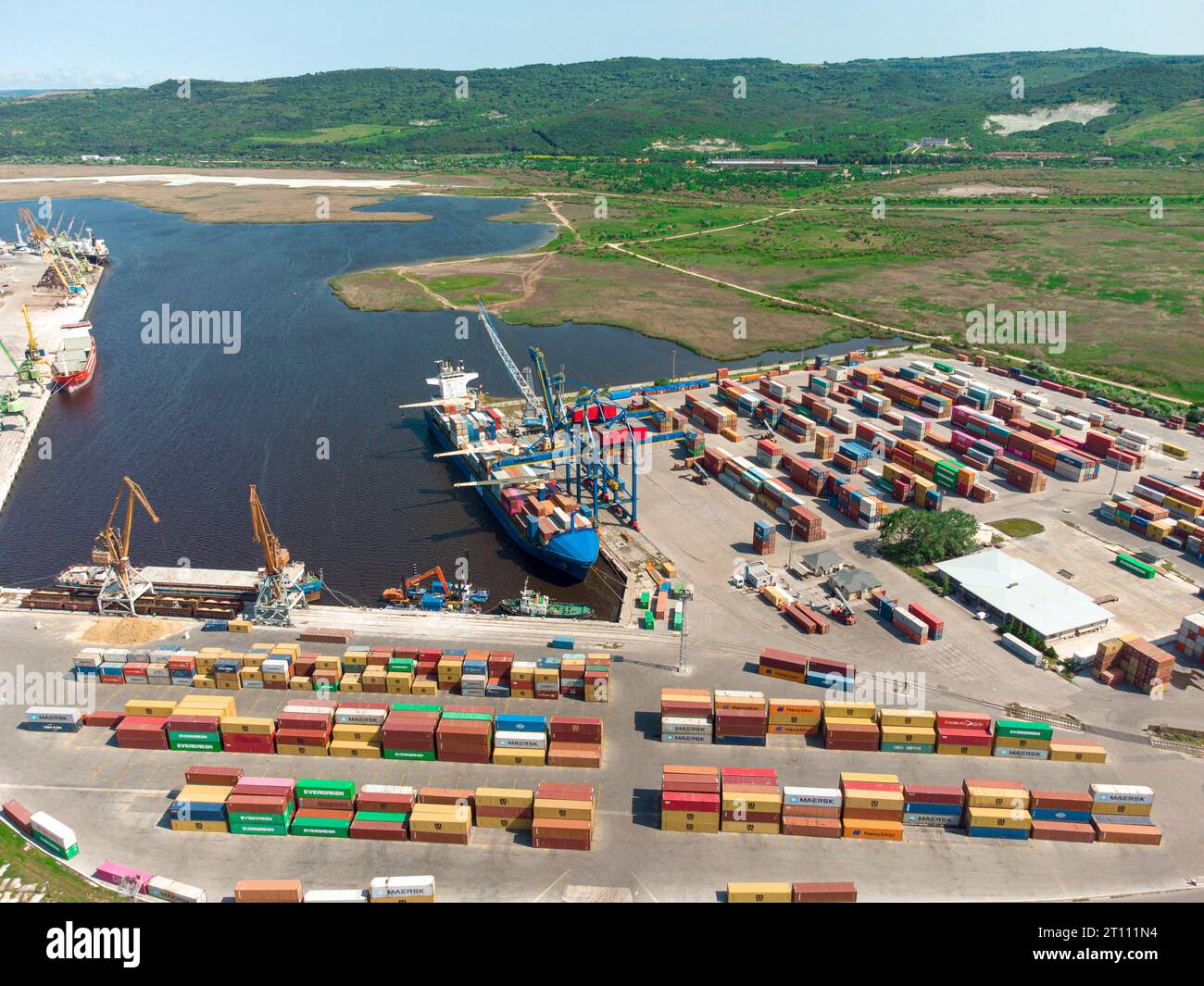 Varna, Bulgaria - 25 may 2022. Aerial top view of Container terminal ...
